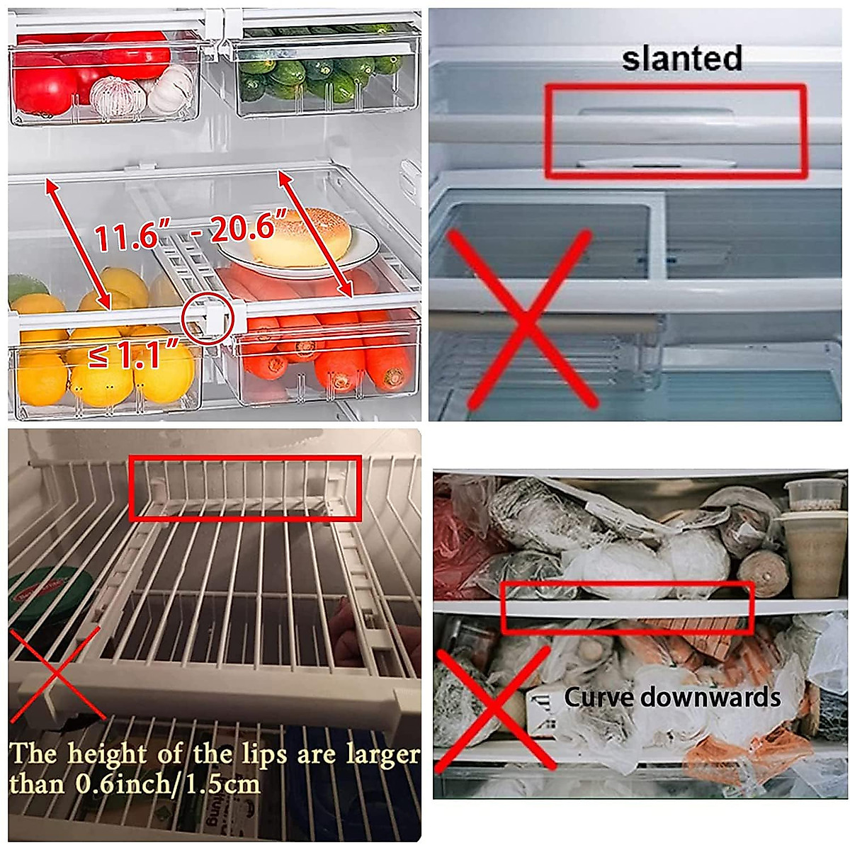 URALFA 2 Pack Fridge Drawer Organizer, Refrigerator Drawers for Fruit and Vegetable, Refrigerator Organization and Storage Box, Transparent Pull Out Drawer Fit for Fridge Shelf Under 1.1"