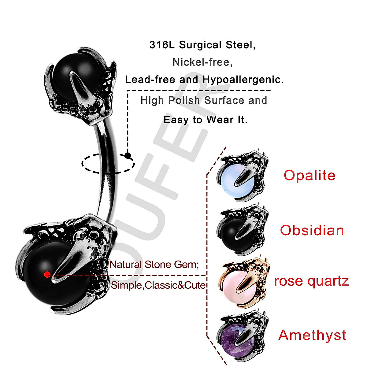 OUFER Claw Belly Button Rings 14G Surgical Steel Navel Piercing Jewelry Dragon Claws Holding Natural Stone Navel Belly Ring
