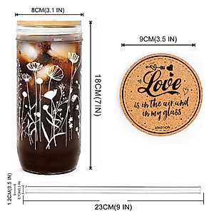 ANOTION Floral Coffee Cups, Mason Jars with Lids and Straws Glass Cups with Wildflower Bamboo Lid Iced Coffee Cups Tumbler Drinking Glasses Travel Coffee Mug Gift for Women Sister Mom
