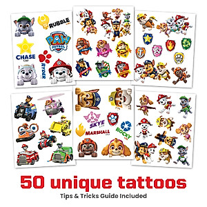 Savvi - 50 Paw Patrol Temporary Tattoos: All Characters, Skin-Safe Ink, Great for Birthday Parties, Gifts for Boys and Girls Ages 4-12+, Made in the USA [6 sheets, 50 count]