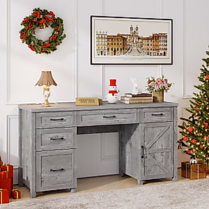 Farmhouse 61'' Executive Desk with 5 Drawers, Rustic Office Desk Computer Desk with Charging Station, File Drawers and Storage Cabinet, Wood Workstation for Home Office and Study, Gray