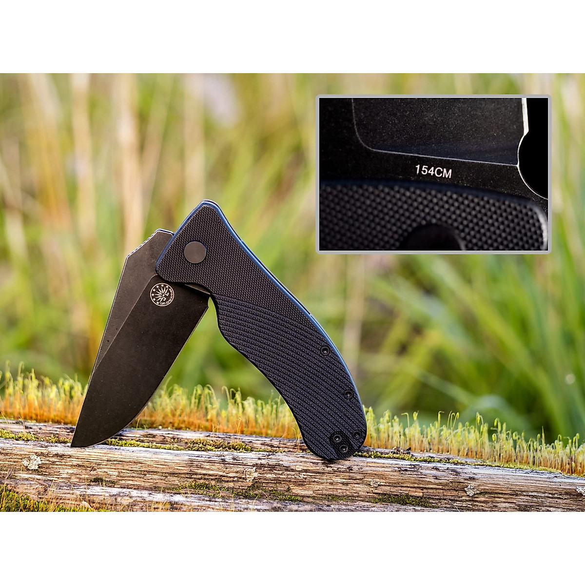 Off-Grid Knives - Rhino V2 with 154CM Steel, Textured G10, Tumbled Black Finish, Large Folding EDC Knife, Ceramic Ball Bearings, HRC 61, Deep Pocket Carry (Blackout)