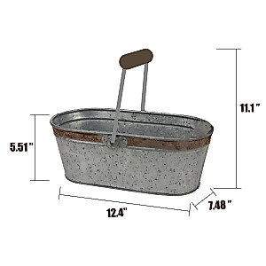 Stonebriar Small Aged Galvanized Metal Oval Bucket with Rust Trim and Wooden Handle, Country Rustic Home Decor, for Centerpiece, Office Organization, Bathroom Storage, or Party Decorations