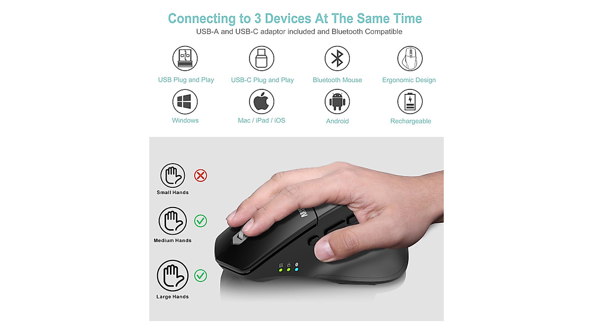 Arteck Wireless Bluetooth Mouse - Multi-Device, Ergonomic & Rechargeable