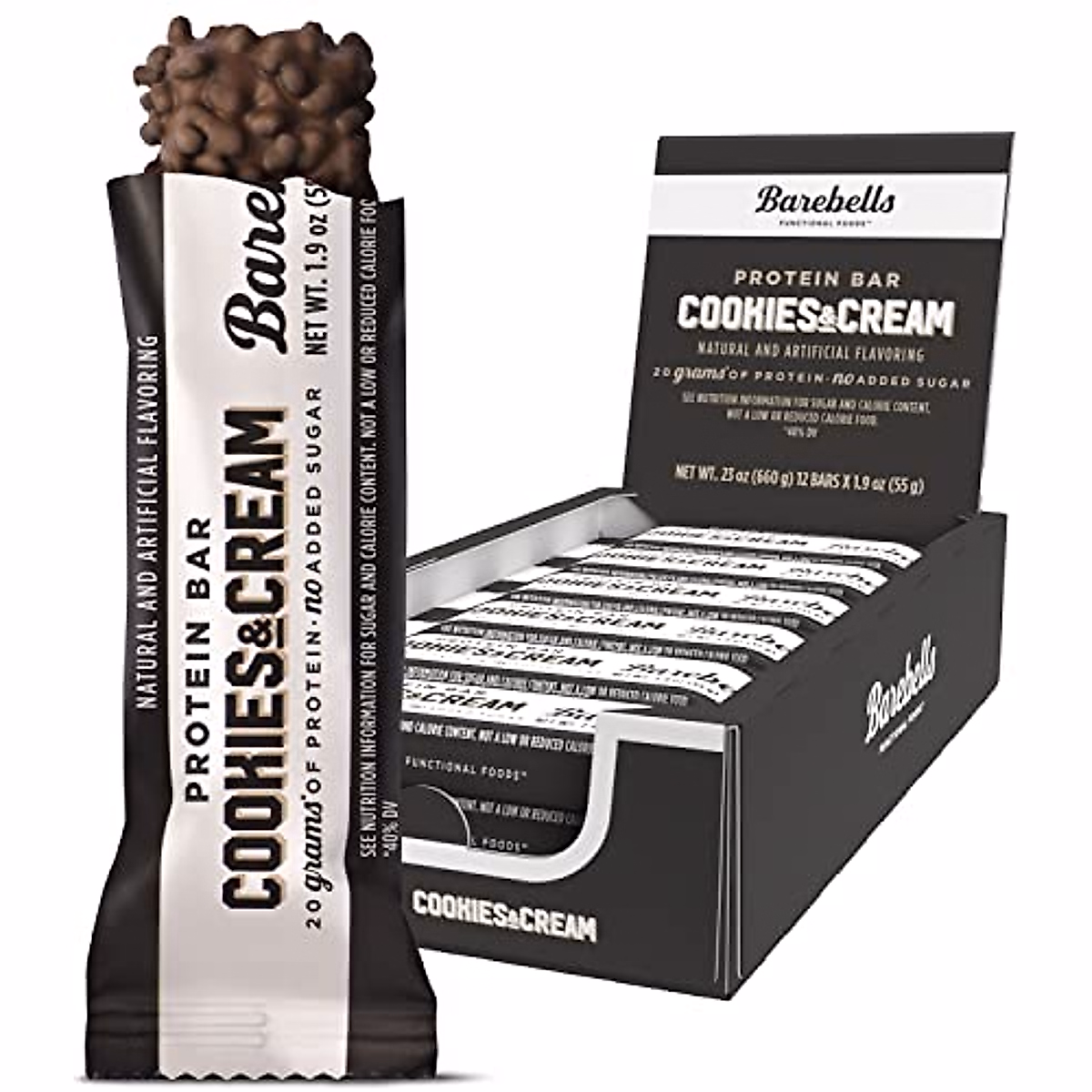 Barebells Protein Bars Cookies & Cream - 12 Count, 1.9oz Bars - Protein Snacks with 20g of High Protein - Chocolate Protein Bar with 1g of Total Sugars - On The Go Protein Snack & Breakfast Bars