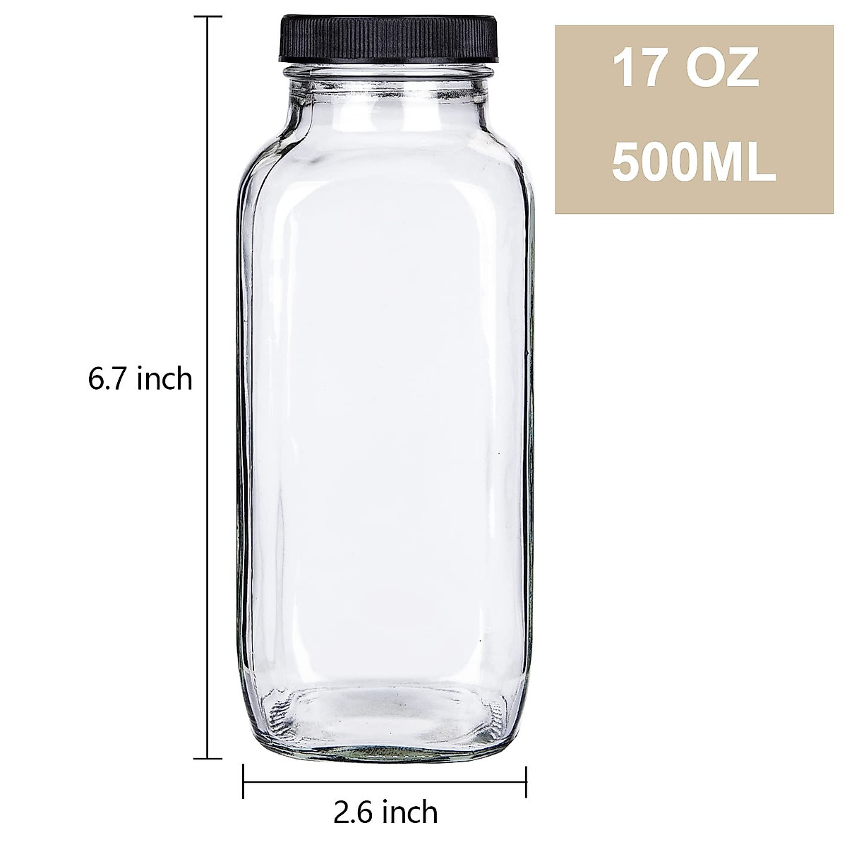 Yarlung 12 Pack 17Oz French Glass Spices Jars with Plastic Lids, Clear Square Water Juice Bottles for Storing Herbs, Condiments, Cereals, Milk, Beverages, Kitchen, Pantry, Office