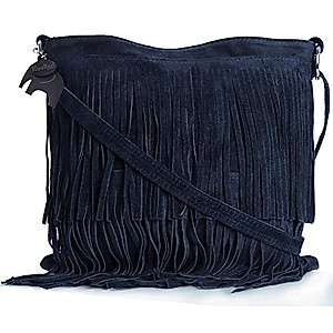 LiaTalia Womens Fringe Handbag - Real Italian Suede Leather - Cross-Body Messenger Bag (SmallMini Size) - ASHLEY [Navy]