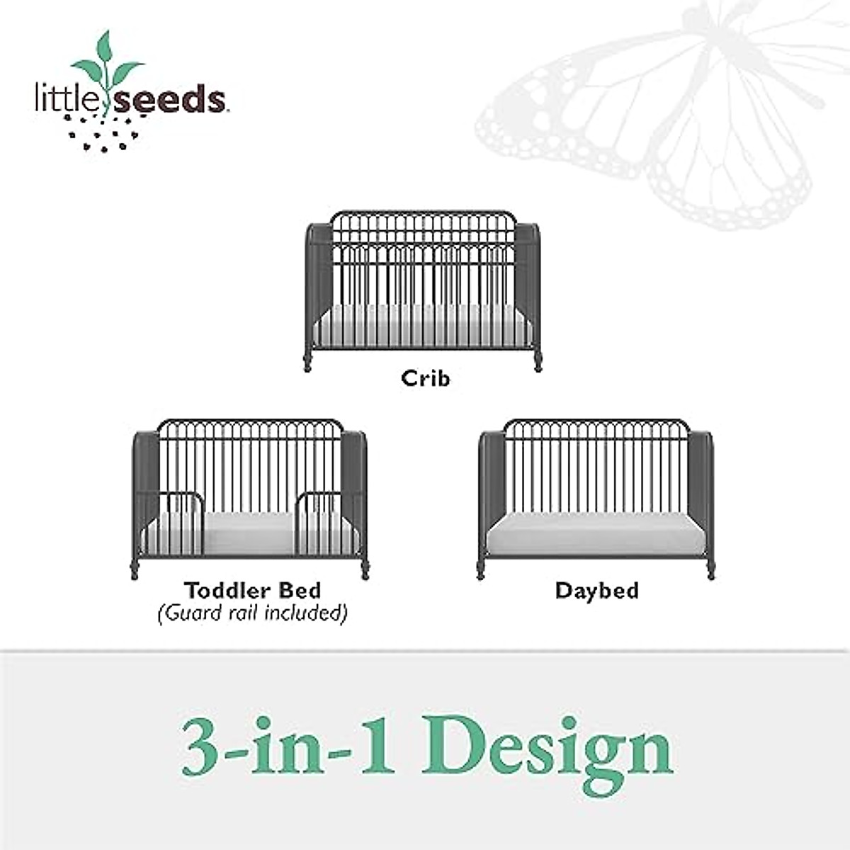 Little Seeds Raven 3-in-1 Convertible Metal Crib, JMPA Certified, Gray