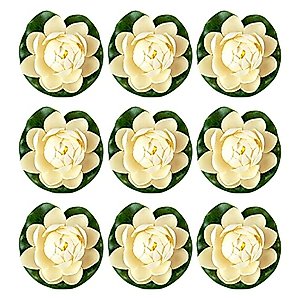RONRONS 9 Pack Artificial Floating Foam Lotus Flowers with Water Lily Pad Ornaments, Ivory White