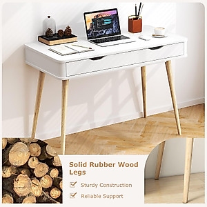 Tangkula Mid Century Desk with 2 Storage Drawers, Modern Writing Study Desk with Rubber Wood Legs, Versatile Home Office Study Desk for Small Space, Vanity Table for Bedroom (White)