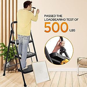 3 Step Ladder, Folding Step Stool with Wide Anti-Slip Pedal, Lightweight 500lbs Step Ladder 3 Step Folding, 3 Step Ladder Folding Step Stool for Adults, Portable Kitchen Step Stool Black
