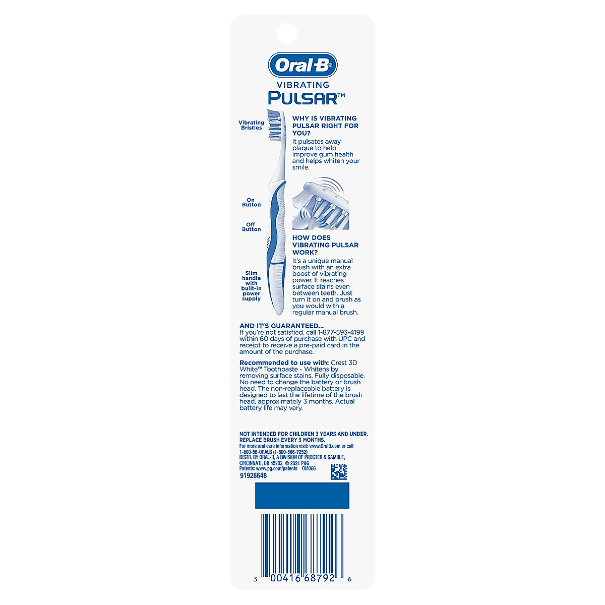 Oral-B Pulsar 3D White Pulsar Battery Toothbrush, Soft, 2 Count (Colors May Vary)