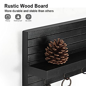 Decorative Key Holder for Wall with Shelf, Entryway Shelf with Hooks Holds Leashes, Jackets and Glasses – Sturdy Wood Keyholder Entrance Hanger with Mounting Hardware (11.8” x 5.5” x 3.1”) (Black)