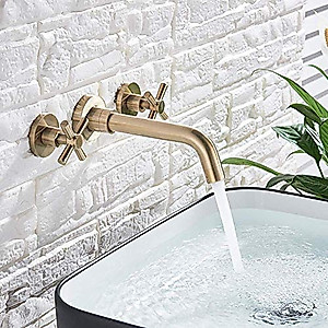 ShiSyan Y-LKUN Faucet Kitchen Tap Brushed Golden Wall Mounted Basin Faucet Dual Handle Rotate Spout Bathroom Vessel Sink Mixers Hot Cold Water Tap