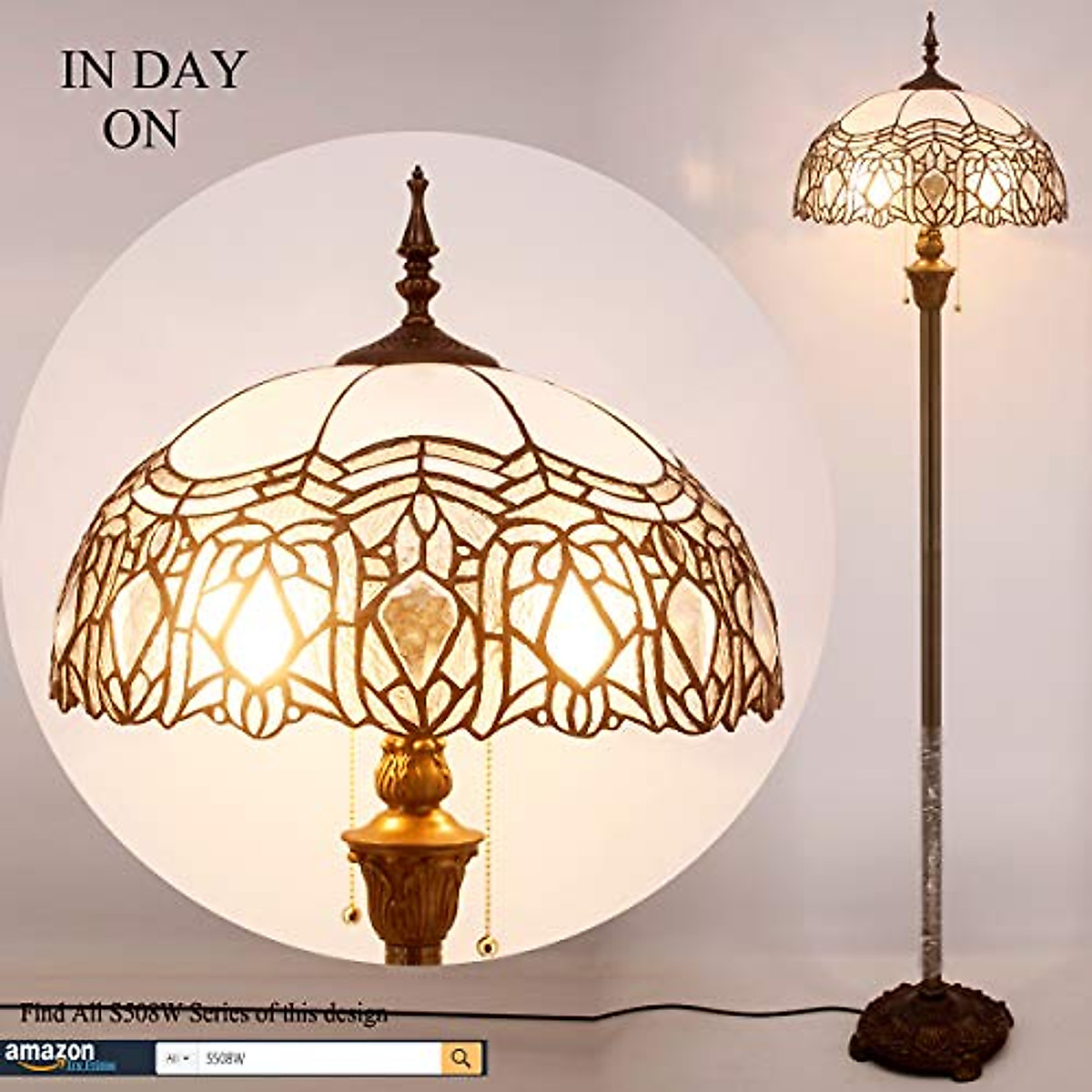 WERFACTORY Tiffany Floor Lamp Crystal Bead White Stained Glass Standing Reading Light 16X16X64 Inches Antique Pole Corner Lamp Decor Bedroom Living Room Home Office S508W Series