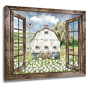 LB Farmhouse Barn Wall Art Country Vintage Watercolor Floral and Window Paintings Picture Rustic Canvas Wall Art for Living Room Bedroom Bathroom Wall Artwork Home Decor Framed Ready to Hang 16"x12"