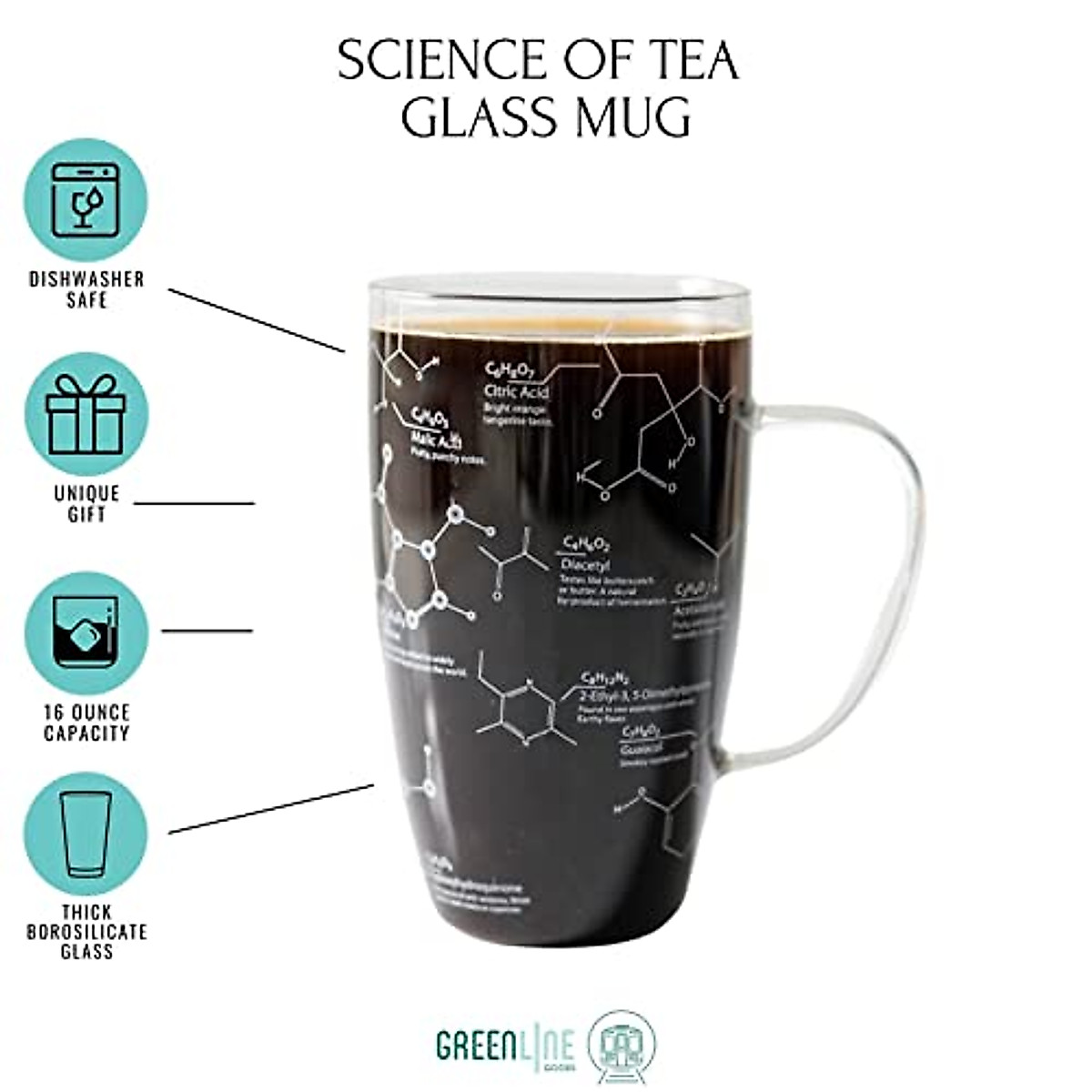 Greenline Goods Glass Chemistry Glass Tea Cups - 18 oz Tumbler Science of Tea Beaker Mug (Set of 1) - Etched with Tea Chemistry Molecules - Perfect for Caffeine Lovers, Teachers, Engineers And More