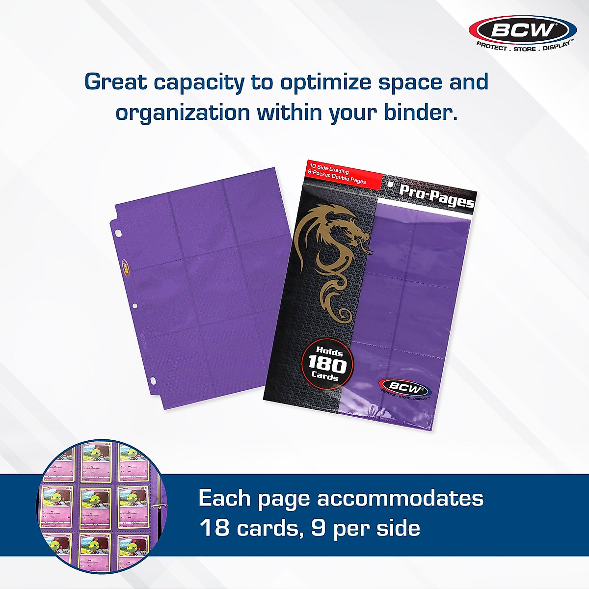 BCW Double-Sided 9-Pocket Pages Holder | Trading Card Binder Sheets | Secure Side Loading - Accommodates 18 Cards - 9 Each Side