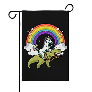 Funny Unicorn Riding T-Rex Dinosaur Rainbow Garden Flag Yard Home Flag 18 x 12.5 Inch