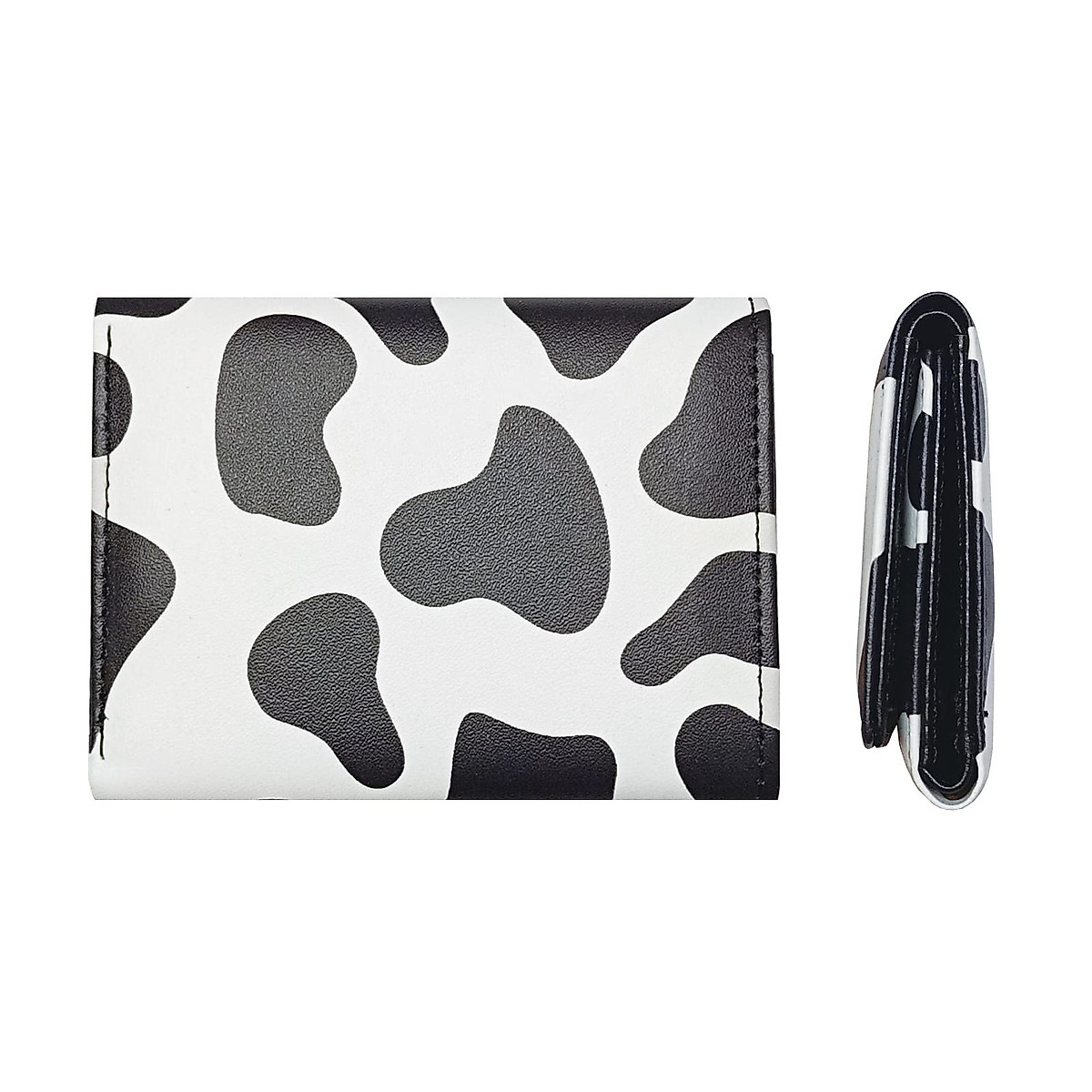 MOZXIRZ Women Girls Wallet Cute Cow Print Tri-Fold Wallet PU Leather Purse Slim Small Short Wallet Cartoon Trifold Cash Card Holder Bag (Black Cow)