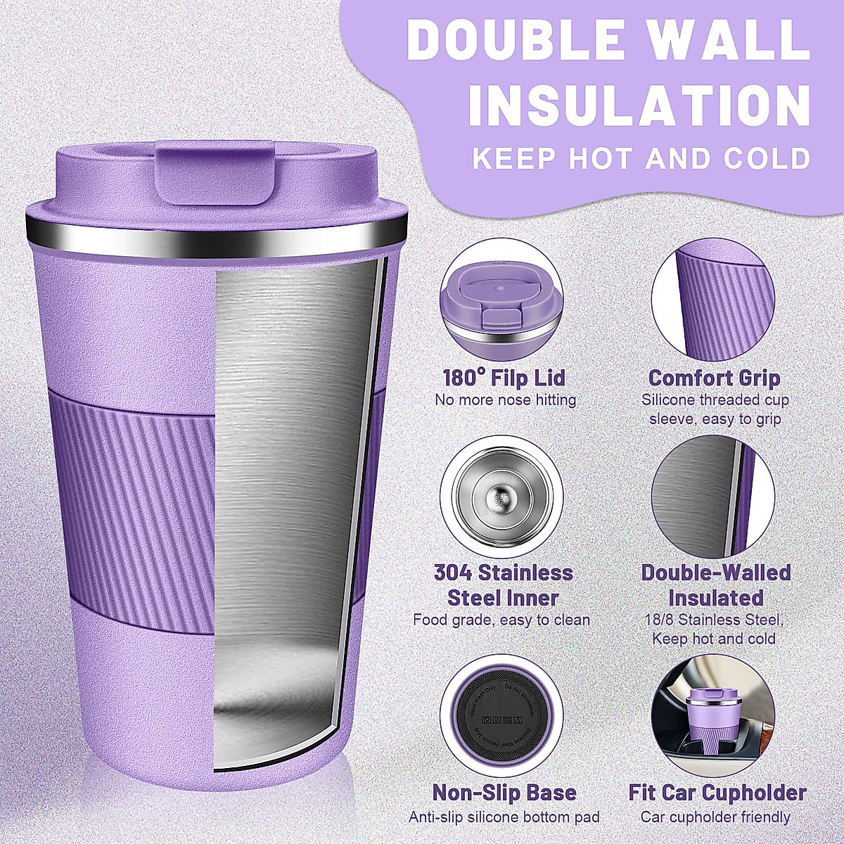 Insulated Coffee Tumblers with Flip Lid 12oz / 17oz, Stainless Steel Travel Coffee Mug Leak Proof, Vacuum Insulated Coffee Mug Thermos Cup, Keeps Cold and Hot for Coffee Tea