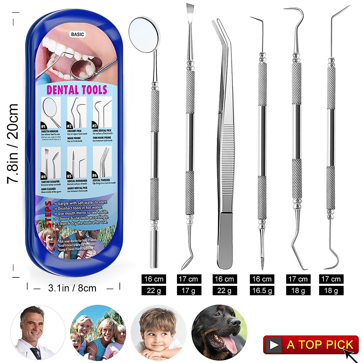Antonki 6 Pack Teeth Cleaning Dental Tools, Plaque Remover Dental Hygiene Kit, Stainless Steel Professional Tooth Tartar Scraper for Home Use - with Case
