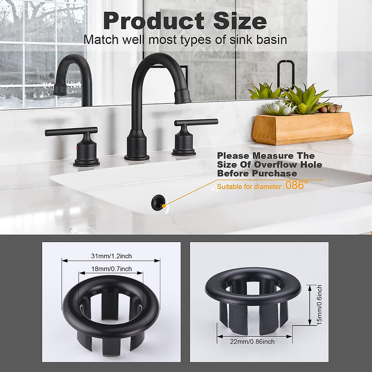 ARCORA 2 Pack Sink Overflow Ring Matte Black Bathroom Kitchen Sink Basin Trim Overflow Cover Hole Insert Cap