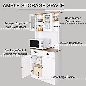 VEIKOUS 72" Kitchen Storage Cabinet, Freestanding Kitchen Buffet with Hutch w/Wide Countertop & Adjustable Shelves, Pantry Cabinets with Glass Doors, White