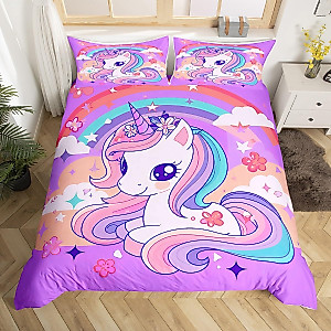 Feelyou Unicorn Duvet Cover Twin for Kids Toddler, Cute Unicorn Comforter Cover Girls Cute Unicorn Bedding Set Beautiful Unicorn Bedspread Cover Kids Room Decor Lightweight Quilt Cover