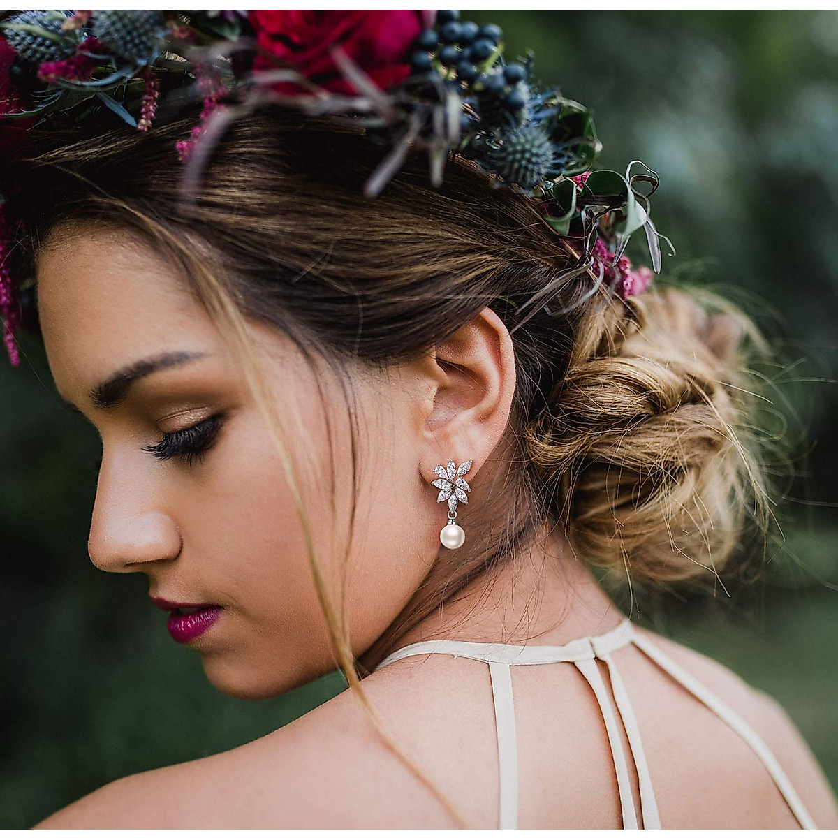 SWEETV Cubic Zirconia Pearl Wedding Bridal Earrings for Brides Bridesmaids, Silver Pearl Drop Earrings for Women Prom Jewelry Gifts