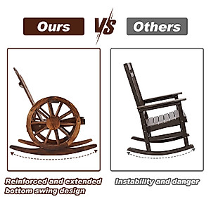 AHB Outdoor Wood Rocking Chair, Wagon Wheel Decor Armrest Yard Glider Rocking Patio Chair with Slatted Design, Adirondack Rocking Chair for Porch Lawn Garden Balcony Poolside, Brown (2 PCS)