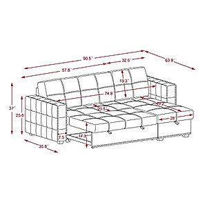 MOEO 91" Reversible Sleeper Sectional Sofa, L-Shape Corner Couch with Storage Chaise and Pulled Out Bed, Tufted Buttons Nailheaded Design for Living Room, Home, Gray