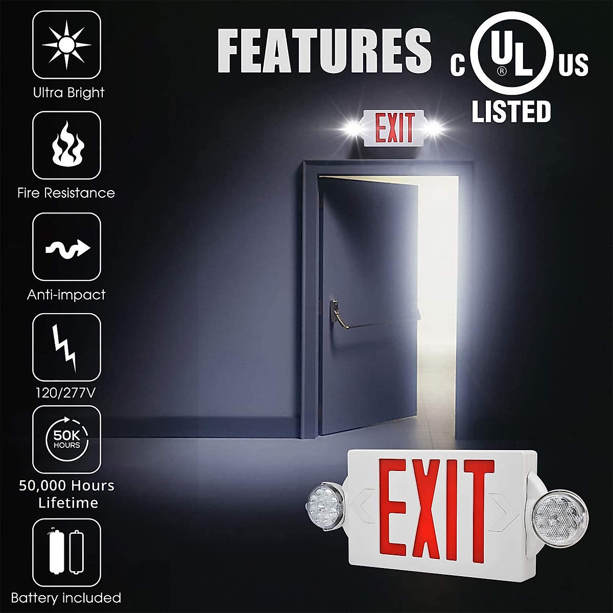 Red LED Exit Sign Emergency Lights with 2 Adjustable Head Lights, Red Letter Emergency Exit Lighting With Battery backup For Restaurant, Commercial, Family Emergency, UL-Listed, 120-277V, 6PCS