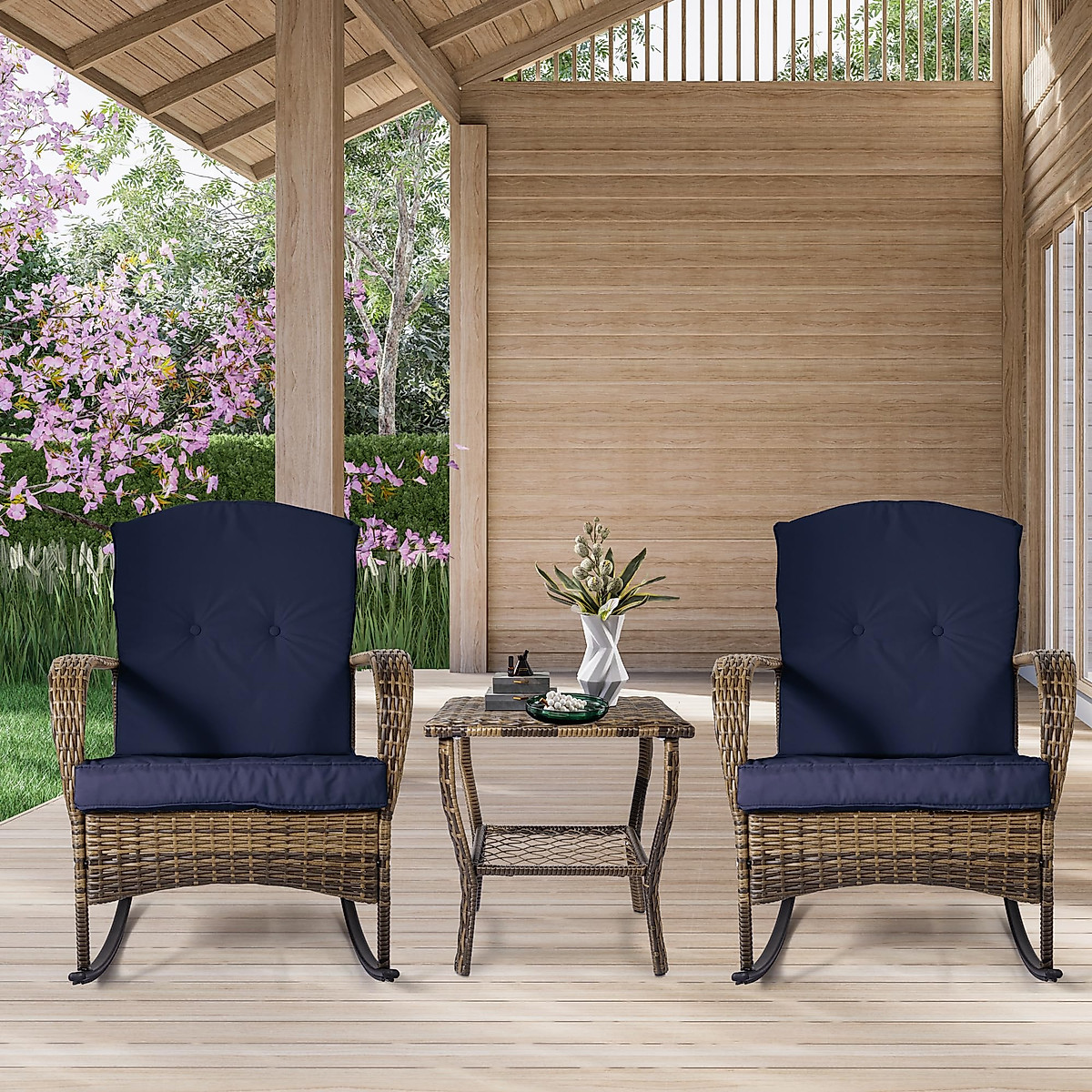 MAXPRIME 3 Pieces Outdoor Wicker Rocking Chairs, Patio Rocking Chairs Set of 2 with Cushions, 3 Piece Patio Set, Outdoor Patio Furniture for Porch, Backyard, Bistro, Blue