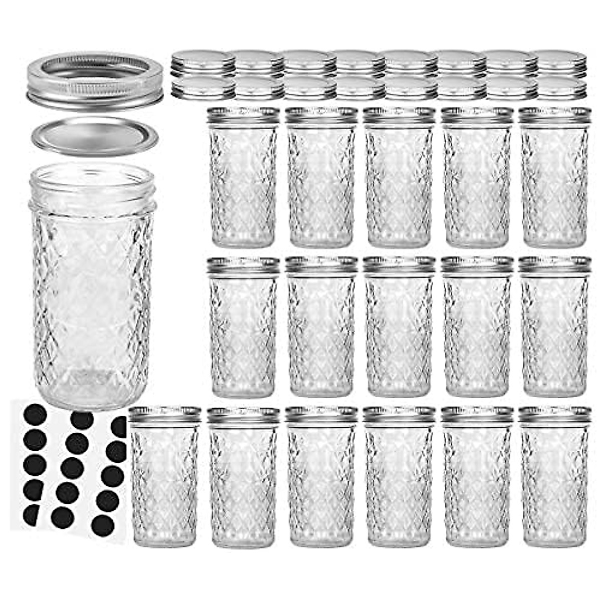 VERONES Mason Jars 12 OZ, Canning Jars Jelly Jars With Regular Lids, Ideal for Jam, Honey, Wedding Favors, Shower Favors, 16 PACK,Extra 16 Lids