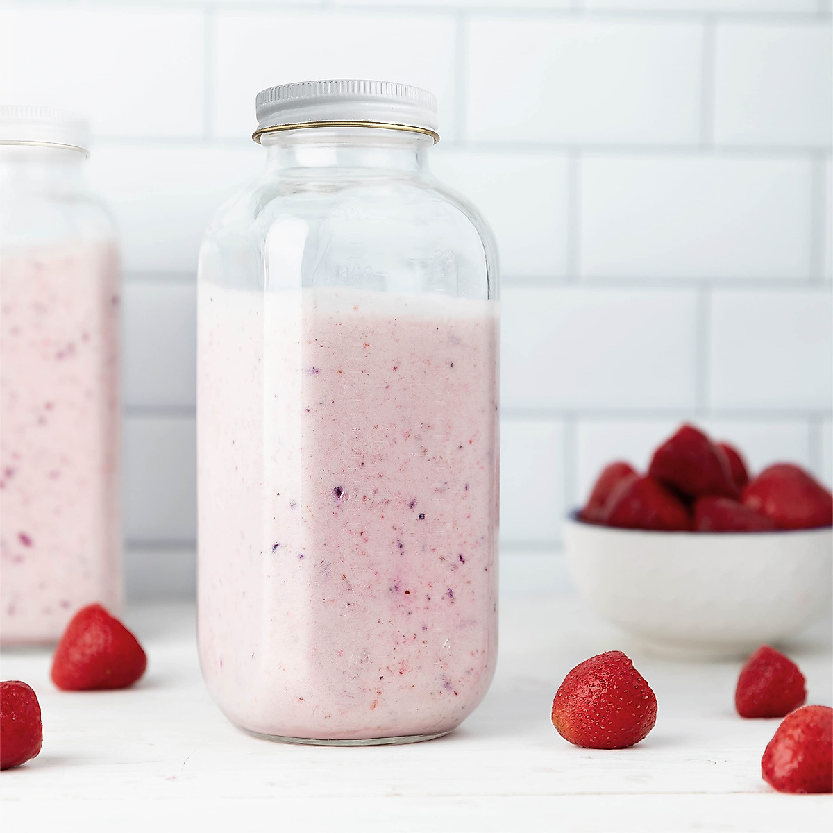 32oz Square Glass Milk Bottle with White Metal Airtight Lids - Vintage Reusable Milk Jugs - Dairy Drinking Containers for Milk, Yogurt, Smoothies, Kefir, Kombucha, and Water- by kitchentoolz