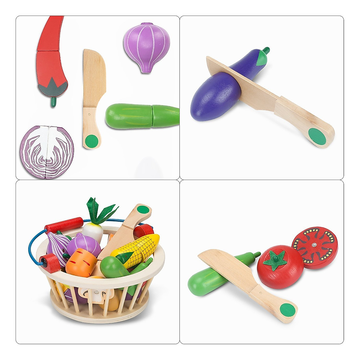 Victostar Magnetic Wooden Cutting Fruits Vegetables Food Play Toy Set with Basket for Kids