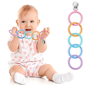 Vicloon Silicone Baby Teether Linking Rings,Silicone Teether Toy for Baby,Baby Toy Rings with Pacifier Clip,Attachable Teether Chew Toy for 3-6 Months,Baby Toy Rings Links for Stroller&Activity