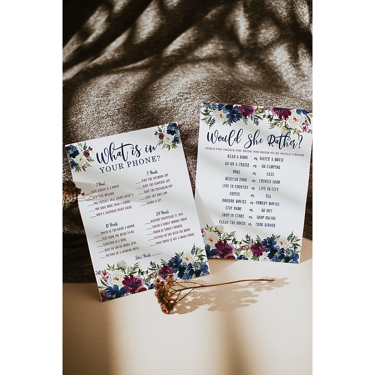 Your Main Event Prints Navy and Burgundy Floral Bridal Shower Bachelorette Games - He Said She Said, Find The Guest Quest, Would She Rather, What's in Your Phone - 25 - Printed Front and Back