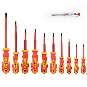 Gunpla 11 Pieces VDE Insulated Screwdriver Set, 1000V with Black Tip Magnetic, TPR Handle Electrician Soft-Grip Slotted Phillips and Pozi Tools with Safety Tester for Electrician Repair