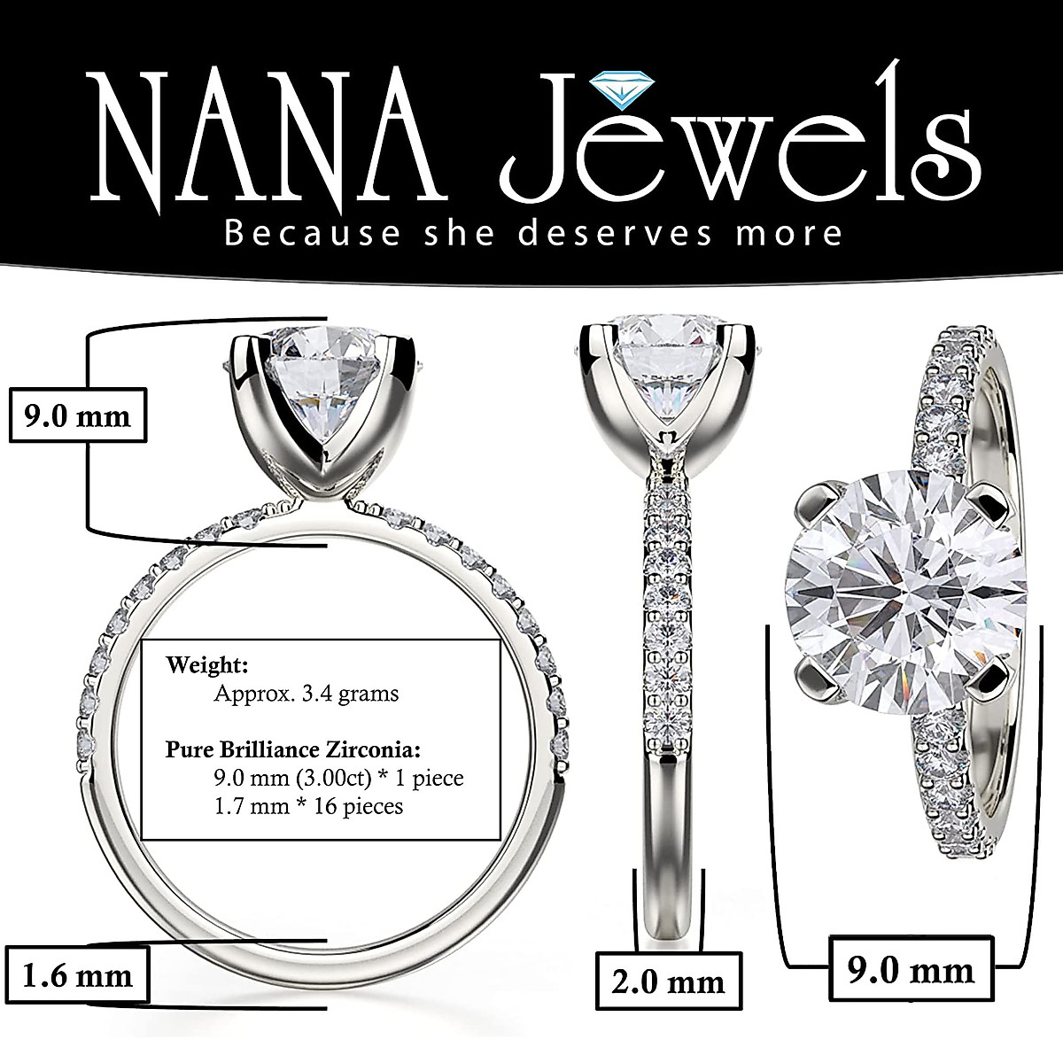 NANA Jewels Round 3.00ct Simulated Diamond Zirconia Engagement Ring Round Cut Solitaire in Silver with 7 Size