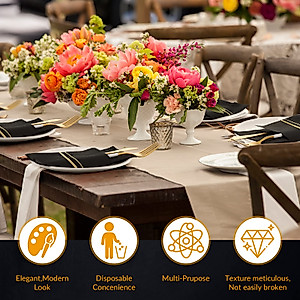 Roshtia 50 Pack Dinner Napkins Disposable Linen Feel Dinner Napkins with Built-in Flatware Pocket Gold Trim Lined Pre Folded Paper for Wedding Party (Black,Gold)