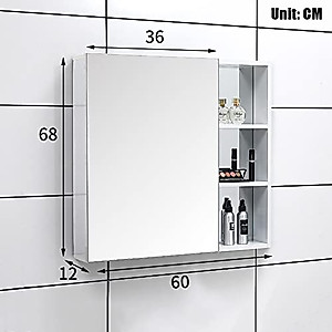 ROLTIN Bathroom Mirror Cabinet Wall Mounted Locker Bathroom Mirror with Shelf Metal Mirror Cabinet Wall Cabinet (White 60 * 68 * 12CM)