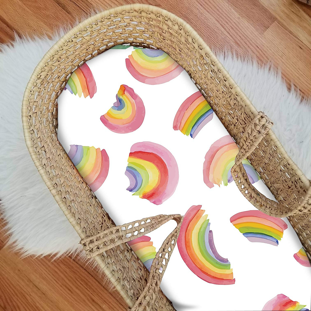 Pack of 3 Premium Bassinet Sheets for Bassinet Pad/Mattress: Milestone Fitted Sheet, Universal Fit, Unisex Rainbow Cloud Sheet | Knitting | Great Shower Gift for Boy Girl |170 GSM