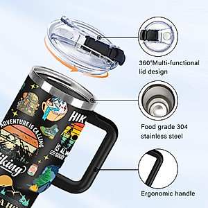 HYMONA 40oz Insulated Hiking Water Bottle - Double Wall Vacuum Coffee Tumbler for Outdoor Adventures, Camping Travel Mug with Straws (Mountain Design), Perfect Hiker Gift for Men & Women
