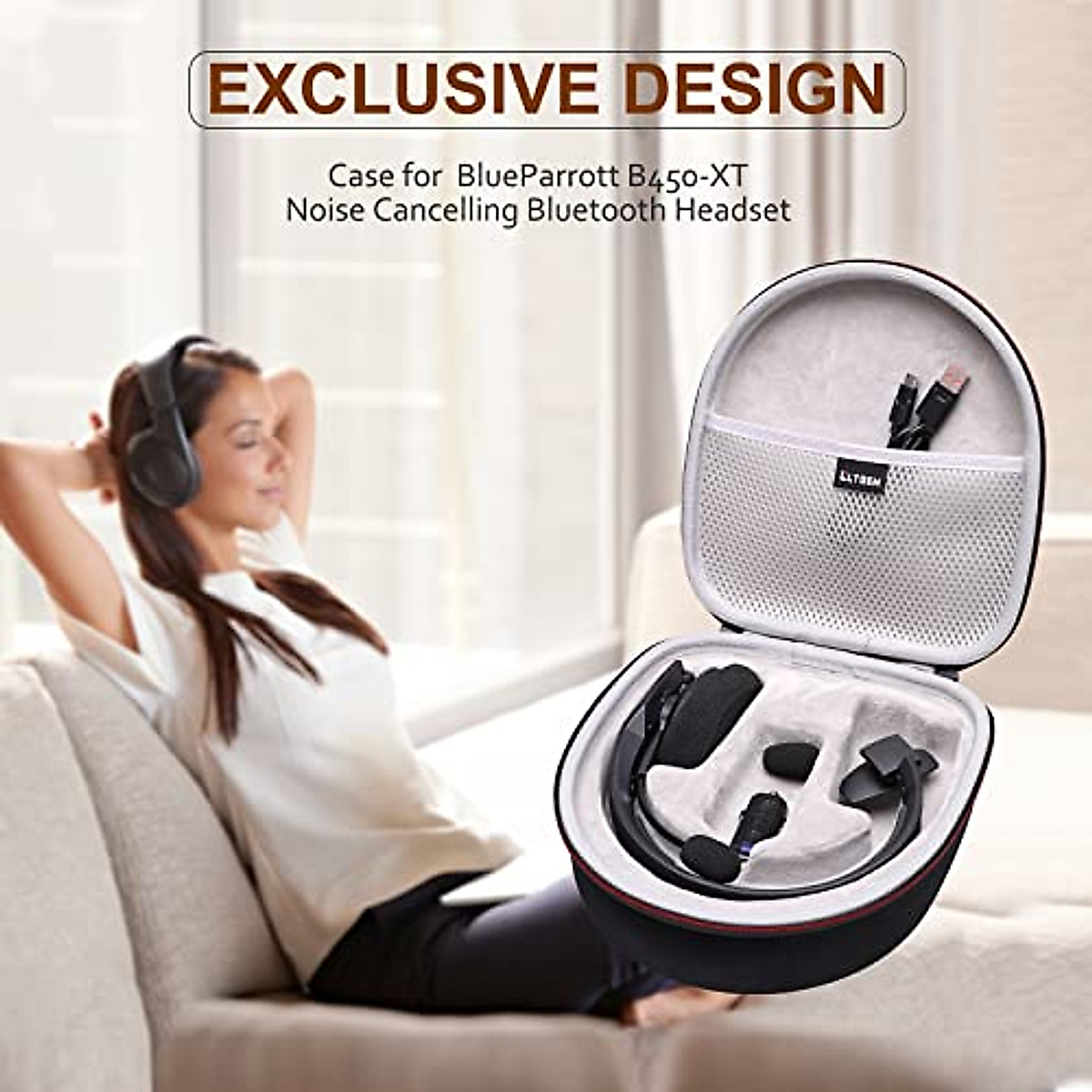 LTGEM EVA Hard Case for BlueParrott B450-XT Wireless Bluetooth Headset, Customized Interior Cushions and Mesh Pocket - Office & Travel Protective Carrying Storage Case Bag