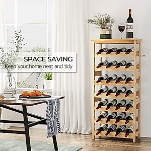 28-Bottle Wine Rack Free Standing Floor, Solid Wood 7-Tier Display Wine Storage Shelves with Tabletop, Wobble-Free Bottle Holder for Cellar Kitchen Bar Dining Room Living Room, Oak