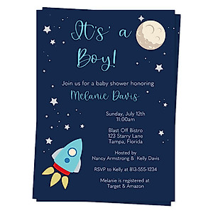Rocket Baby Shower Invitations for Boy Space Customizable Invites (12 Count)