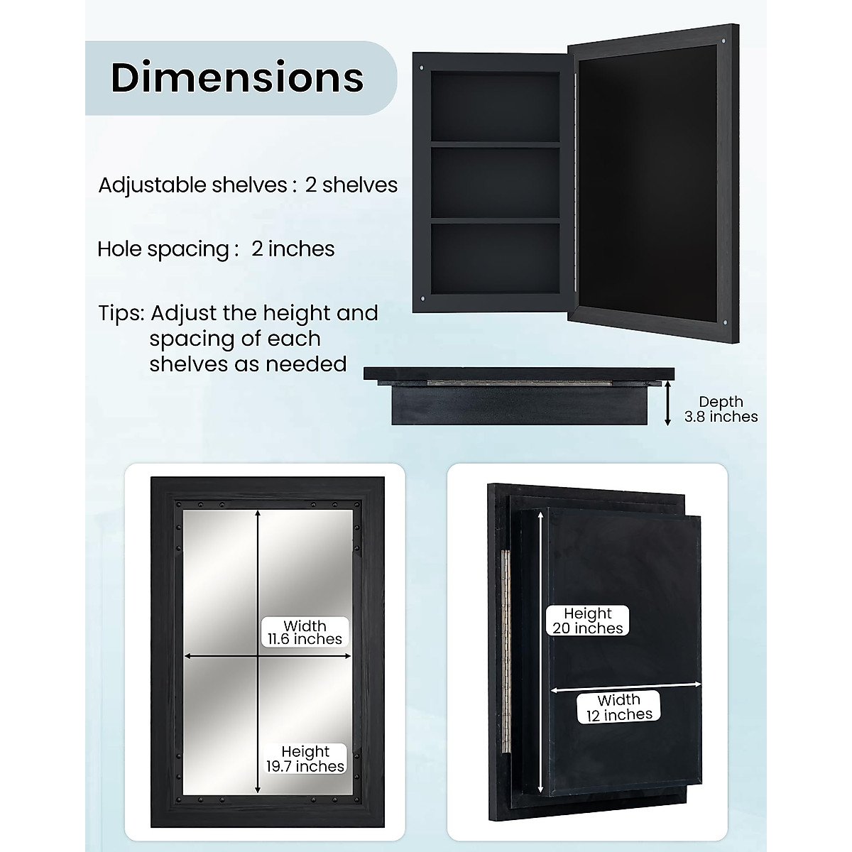 FLYJOE Medicine Cabinet Mirror 16 x 24 Inch Farmhouse Bathroom Mirror Door Paulownia Wood Storage Cabinet with Adjustable Shelves, Wall Mounted for Bathroom Living Room, Black