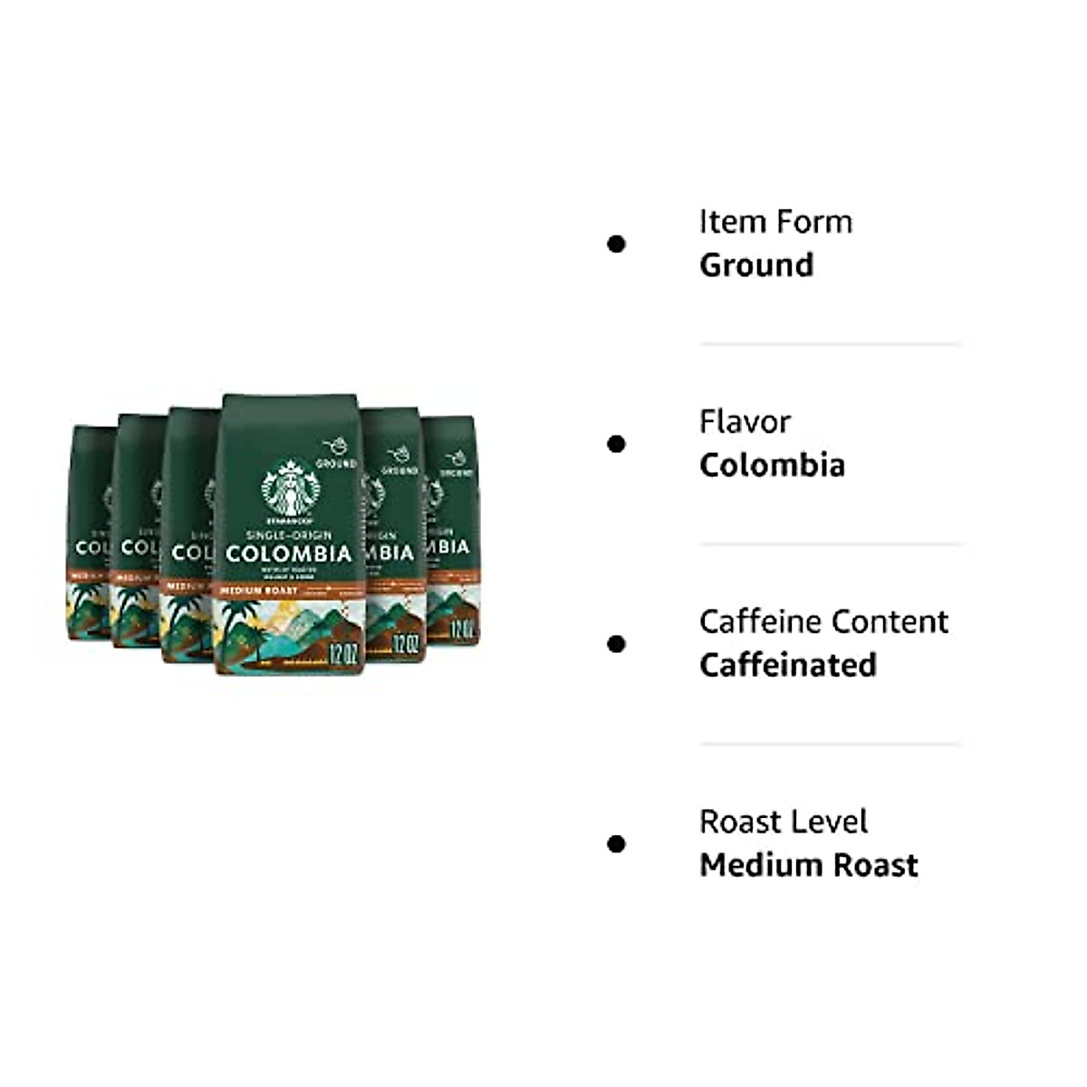 Starbucks Ground Coffeeâ€”Medium Roast Coffeeâ€”Colombiaâ€”100% Arabicaâ€”6 bags (12 oz each)